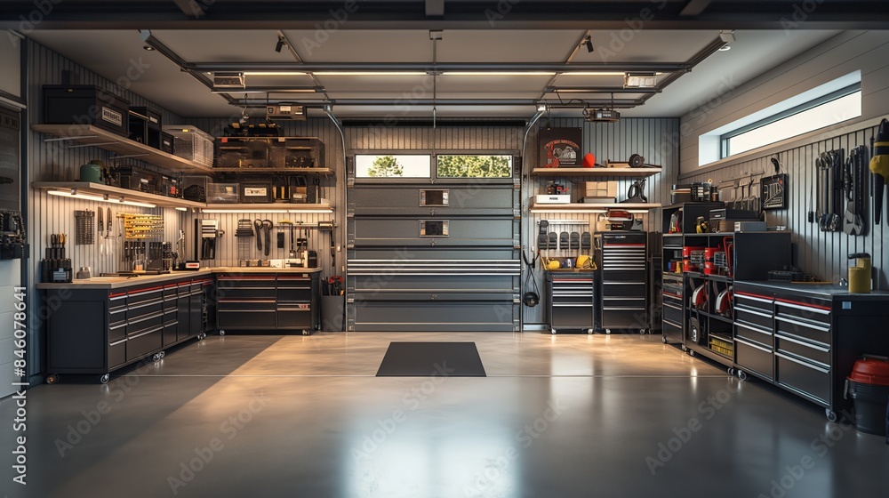 Minimalistic and elegant garage setup, with tools and equipment neatly stored, bright and light ...