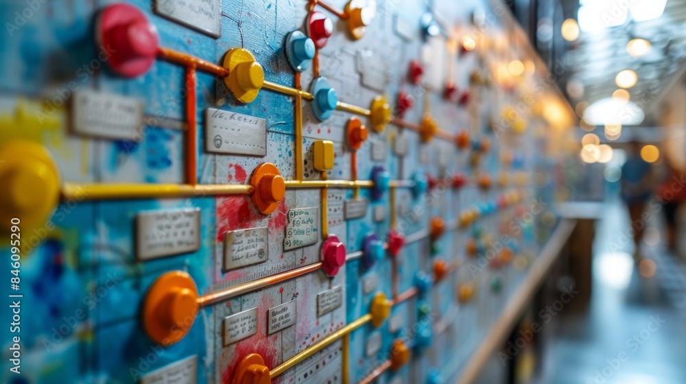 whiteboard close-up hand drawn business process flowchart and colourful ...