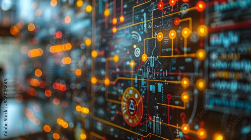 whiteboard close-up hand drawn business process flowchart and colourful ...