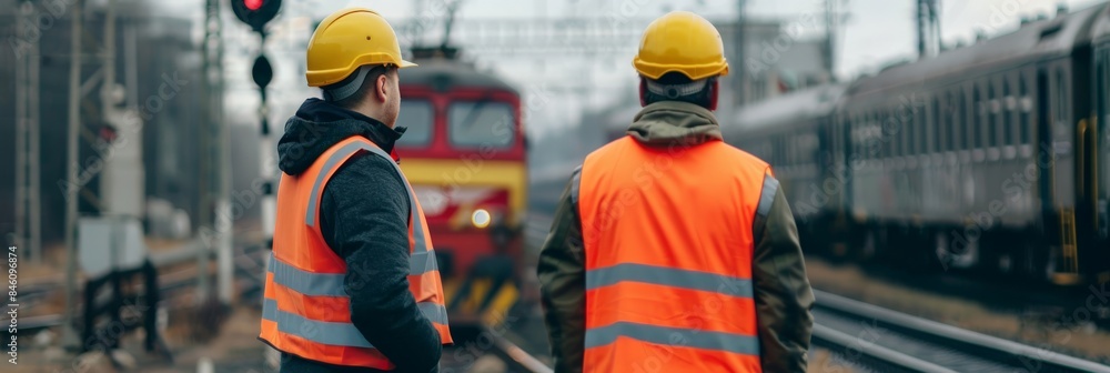 Railway engineers with hard hats and reflective vests, watching a ...