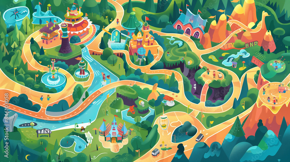 A whimsical map of a fictional theme park, with attractions, pathways ...