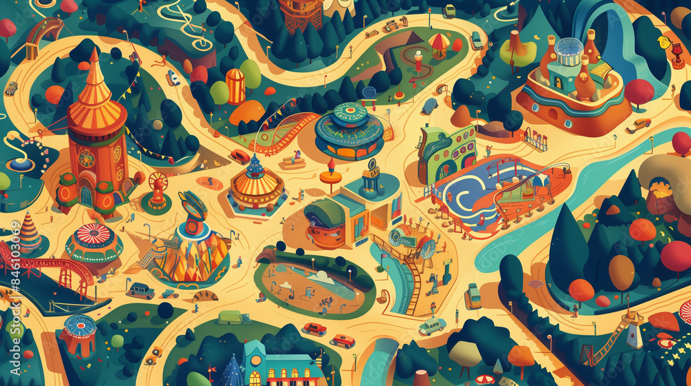 A whimsical map of a fictional theme park, with attractions, pathways ...