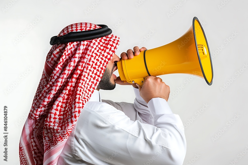 Saudi Gulf Arab man wearing a red shemagh and white traditional dress ...