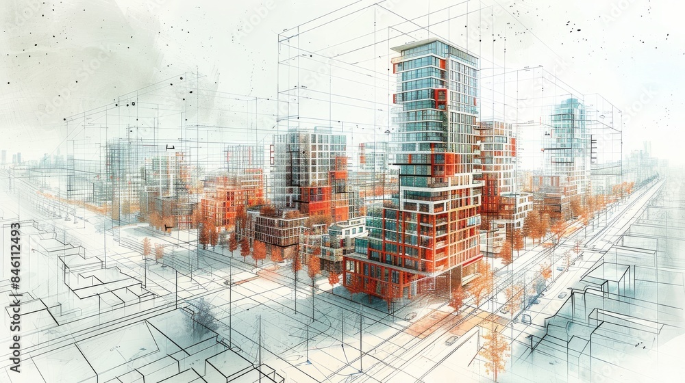 A technical drawing of an urban city from an overhead view with grid ...