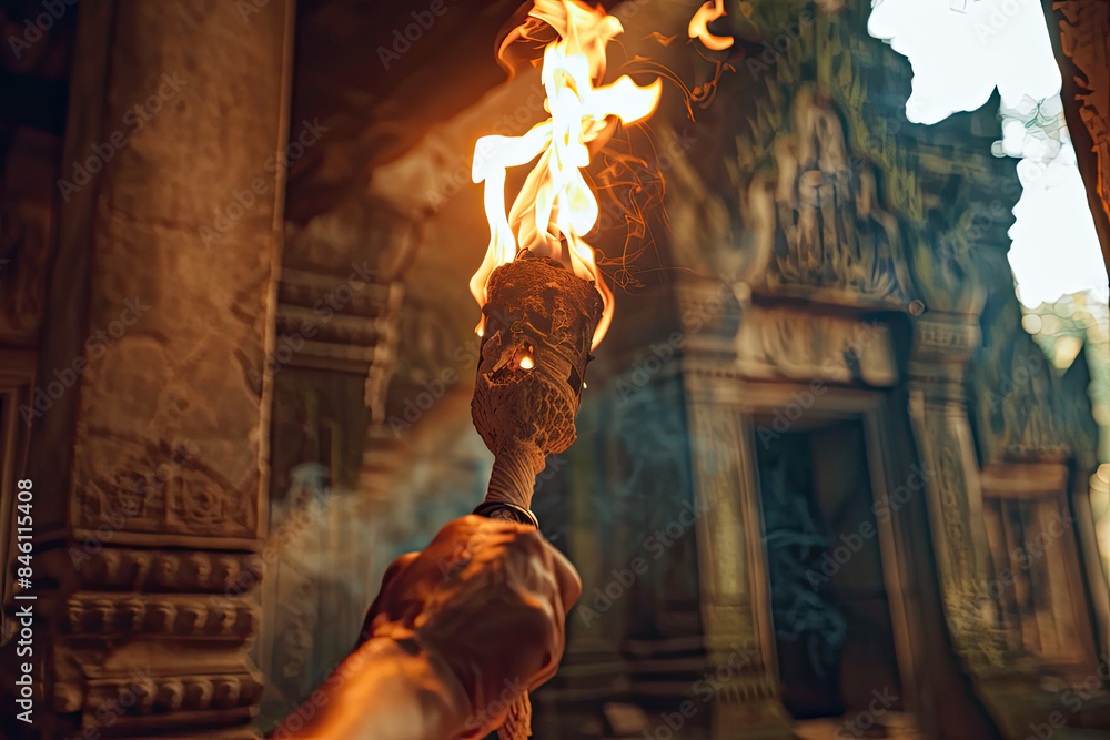 Torch close-up: flames, soot, hand, ancient temple, soft lighting ...