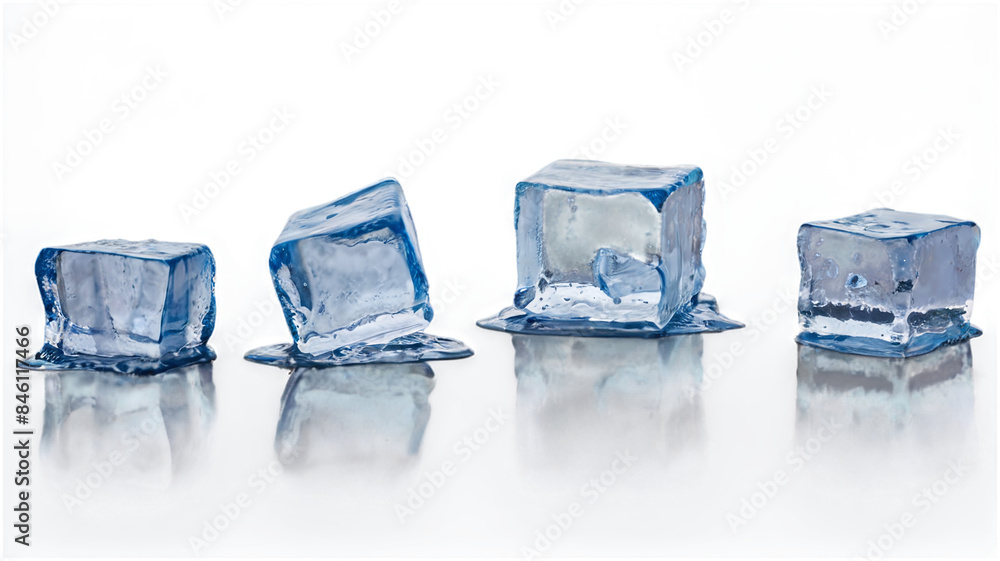 A dynamic image featuring a set of melting ice cubes in mid-air, with ...