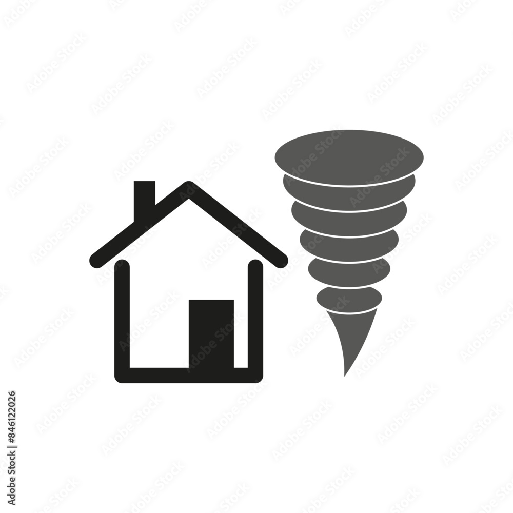 House and tornado icon. Natural disaster symbol. Black and grey vector ...