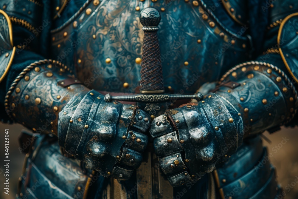 An intricately detailed knight's gauntleted hands holding a beautifully ...