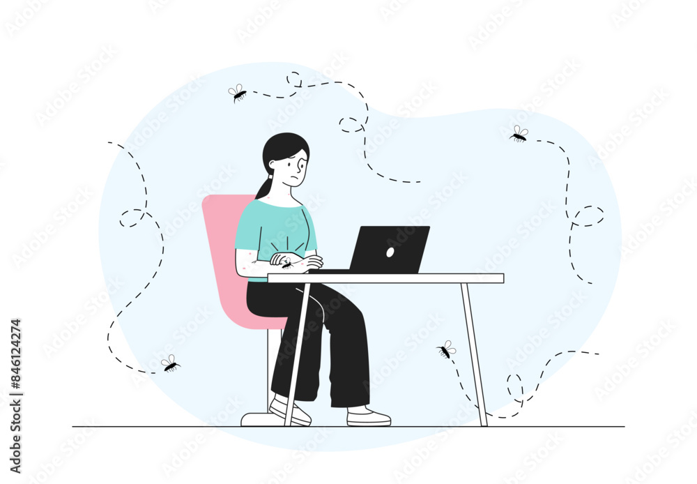 Mosquitoes biting woman. Young girl suffers from insect bites. Employee ...