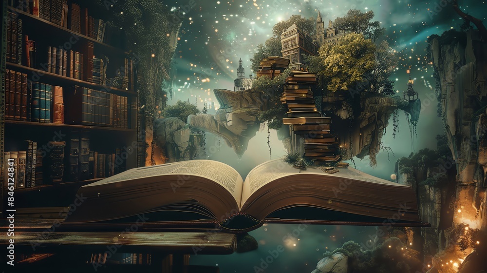 Open book releasing a magical world with floating islands, forests, and ...