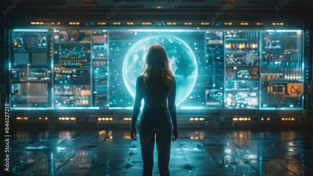 A holographic news anchor, standing in a futuristic studio, presents ...