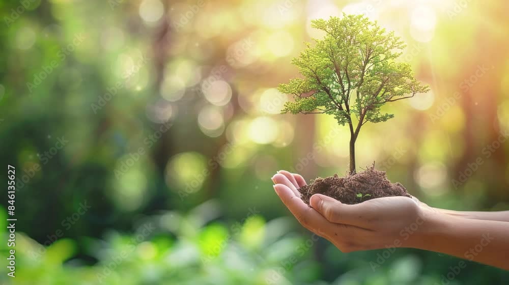 Hand holding tree with soil on blur green nature background. Video ...