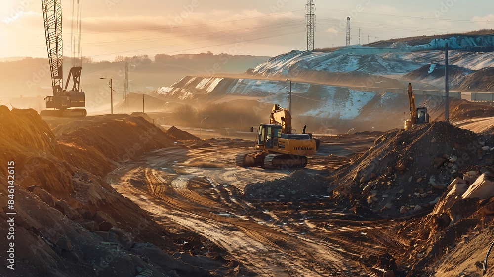 Construction site Hills of rubble and sand and highvoltage pylons ...