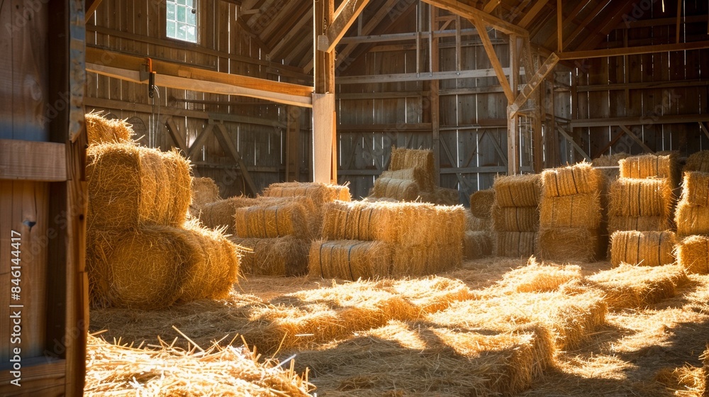 Barn Interior Wooden Light Beams Hay Bales Rustic, stacked straw inside ...
