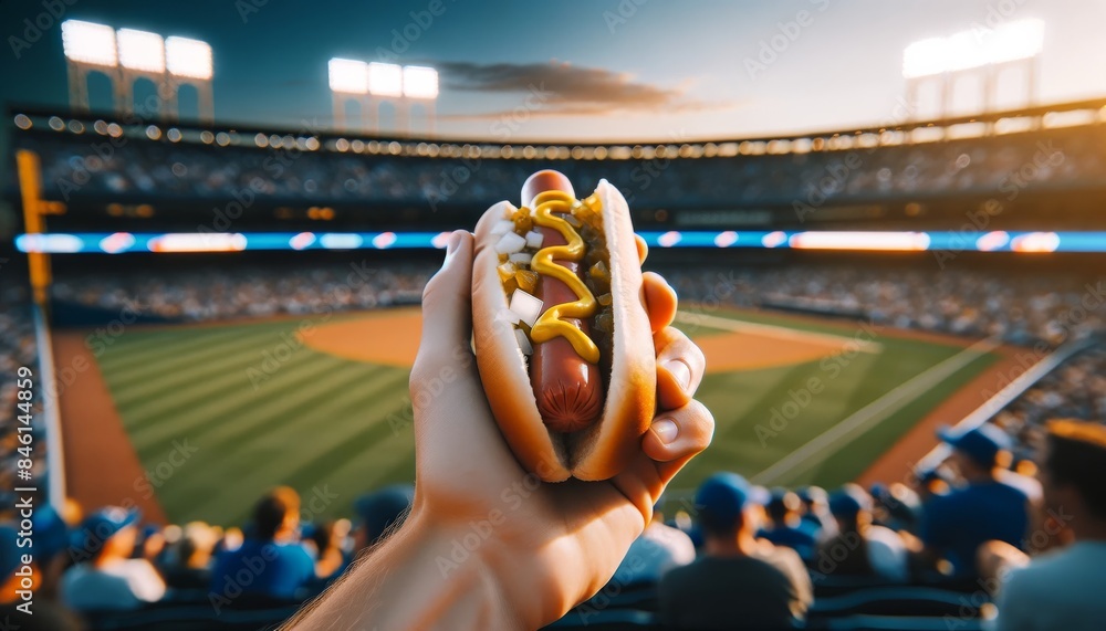 Hotdog with toppings in hand, background of baseball stadium lights ...