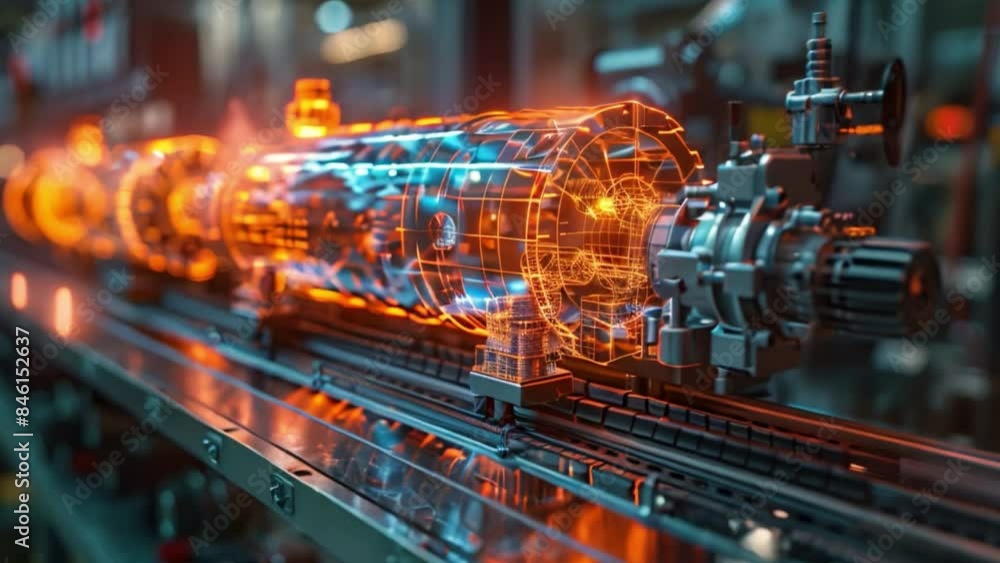 A close-up of a futuristic engineering workshop featuring holographic ...