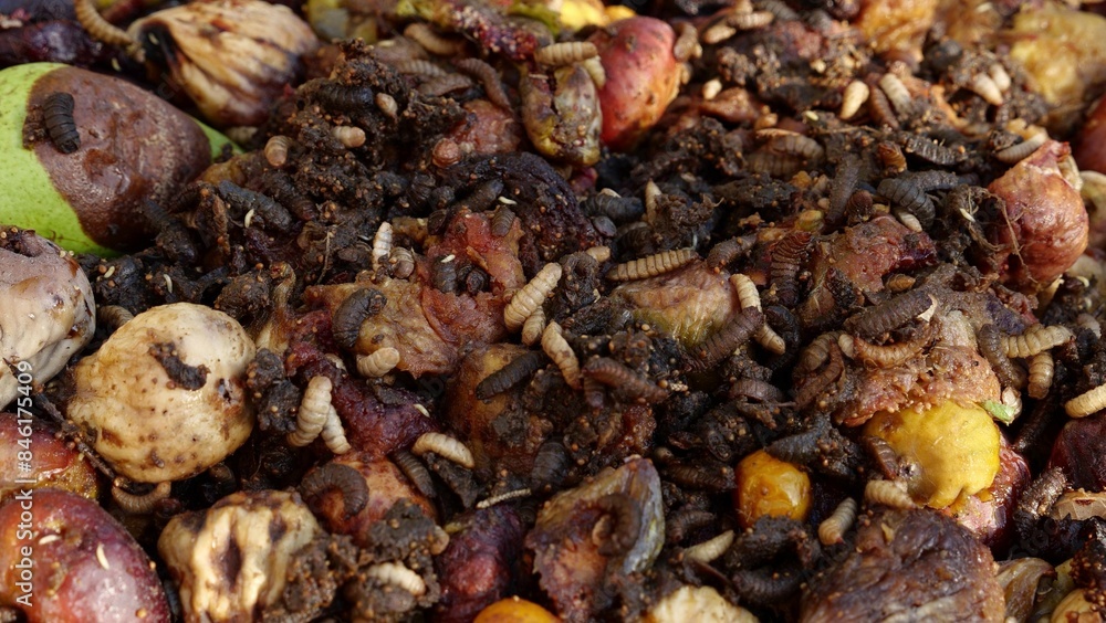 Black soldier fly larvae on food waste. Black soldier fly larvae used ...