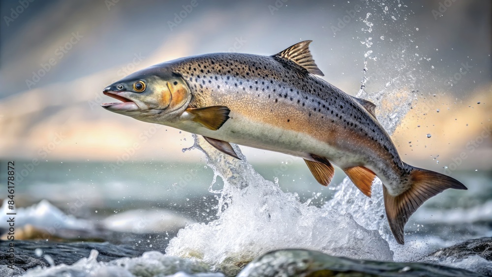 Atlantic Salmon Leaping From The Water, Isolated On Transparent ...