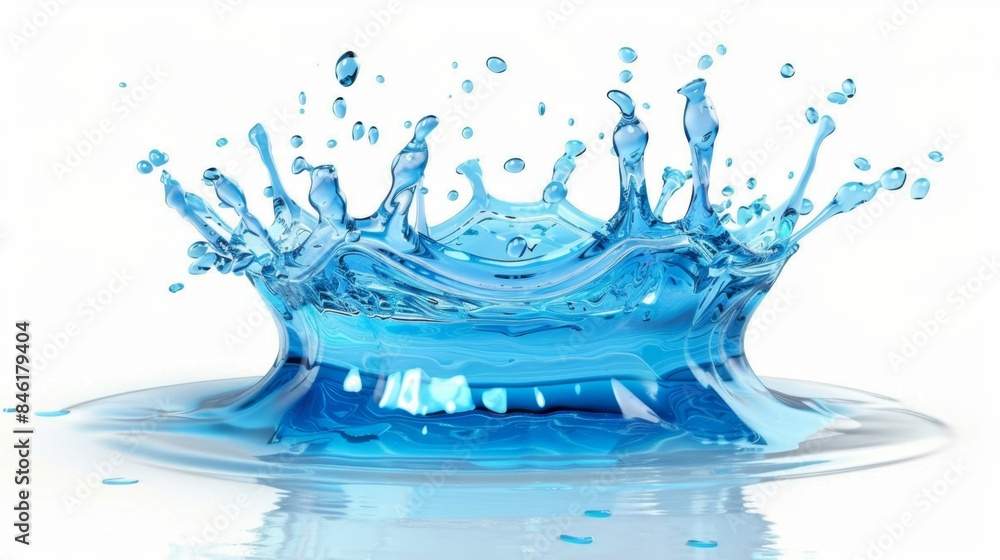High-speed capture of a dynamic blue water splash against a white background, showcasing the ...