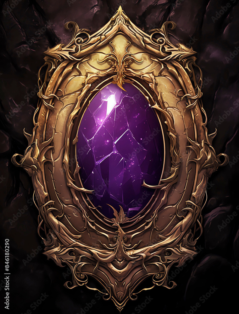 illustration of a golden medieval mirror with a purple gem inside, in ...