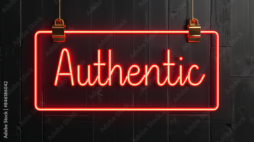 Authentic in cursive on a red neon sign. hanging on a dark wood wall ...