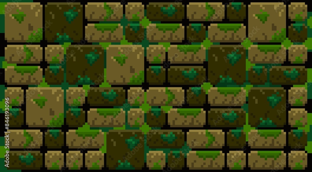 Pixel art dungeon tile set design with green moss and shadowing. 2D brick green wall, earth tone ...