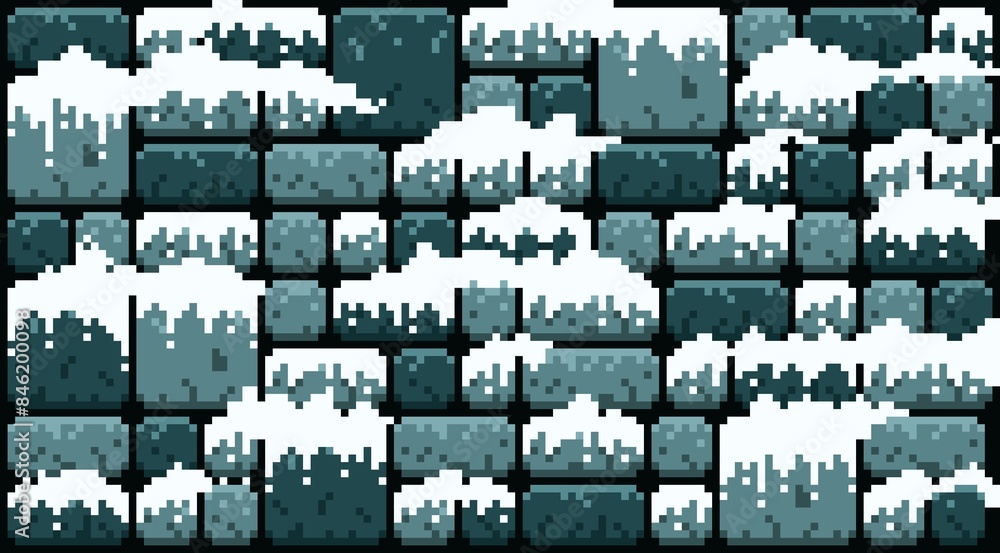 Pixel art 2D brick blue ice wall texture with pile of snow. Dungeon ...