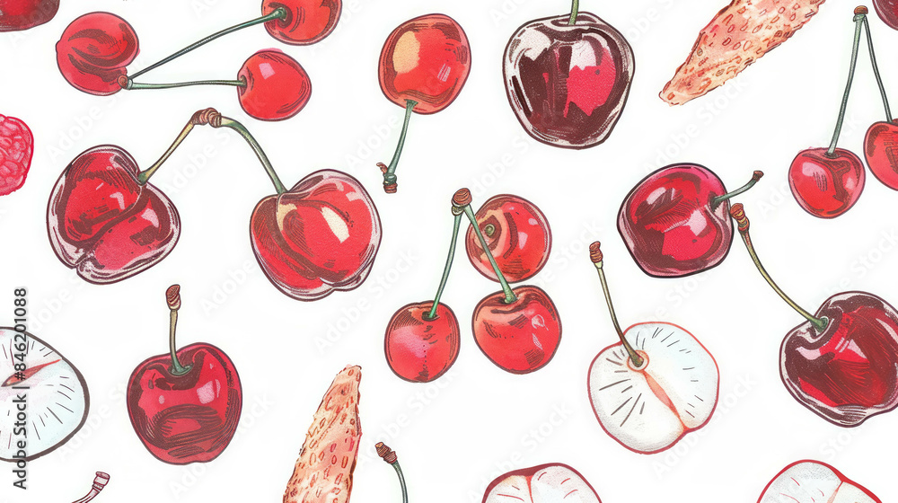 A detailed drawing of all different types of cherries on a white ...