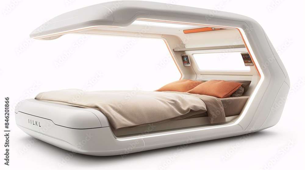 Futuristic smart bed with integrated lighting and technology, featuring ...