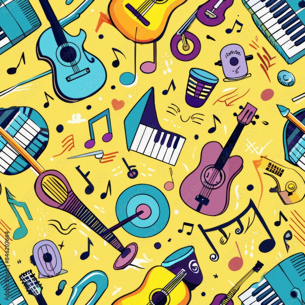 Seamless pattern of hand drawn scribble music notes with instruments ...