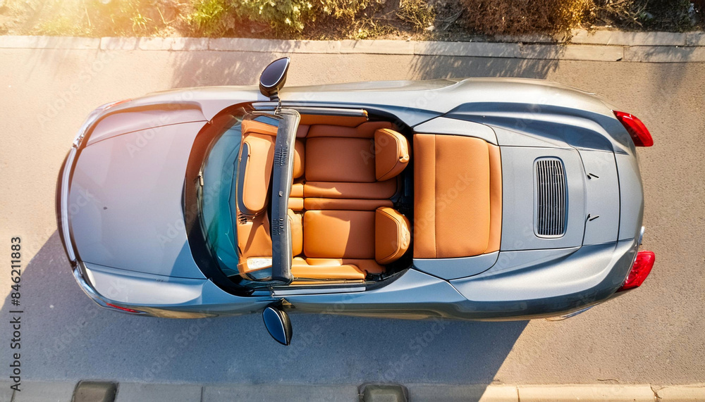 sports convertible car with soft top down. convertible - top view, in ...