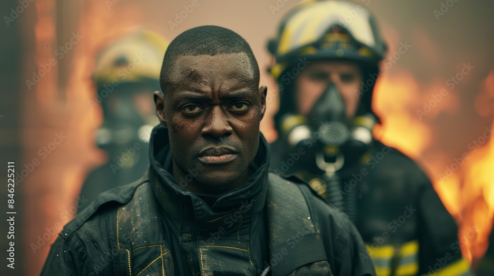 firefighters in full gear battle a raging fire, their silhouettes ...