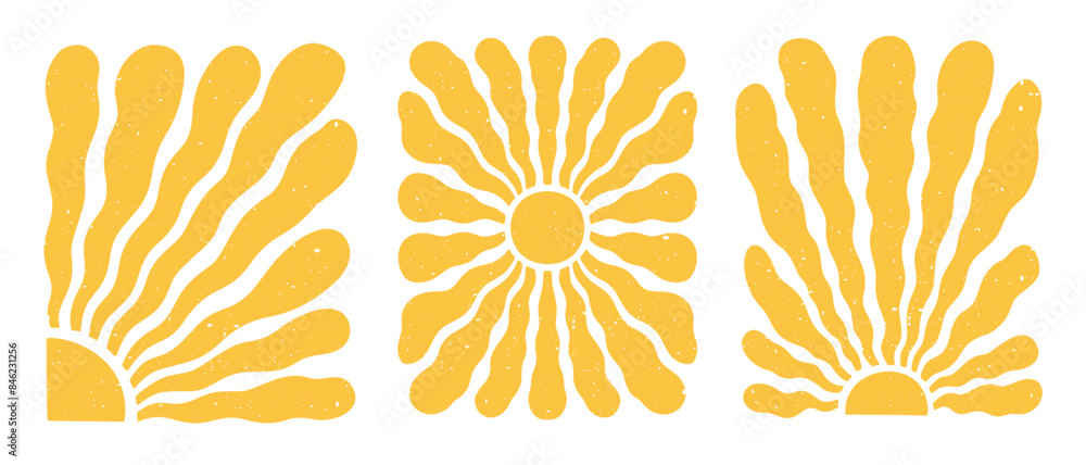 Sun groovy vertical design elements set. Various yellow floral hippie ...