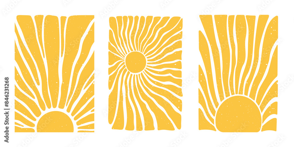 Sun groovy vertical design elements set. Various yellow floral hippie ...