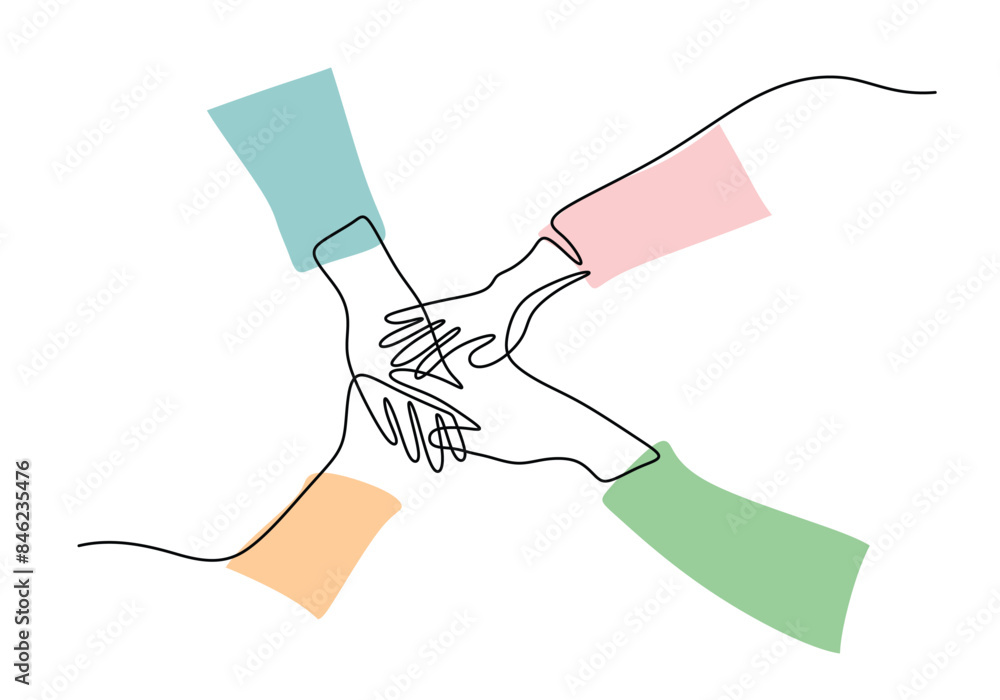 People unite their hands together continuous line drawing isolated ...