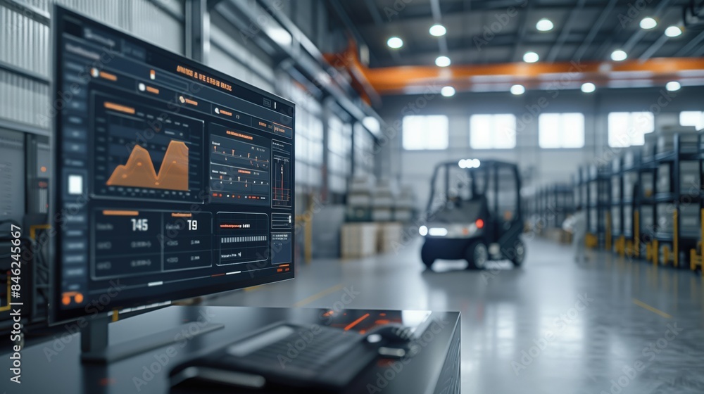 Logistics Software Display in Modern Warehouse. Computer screen in a ...