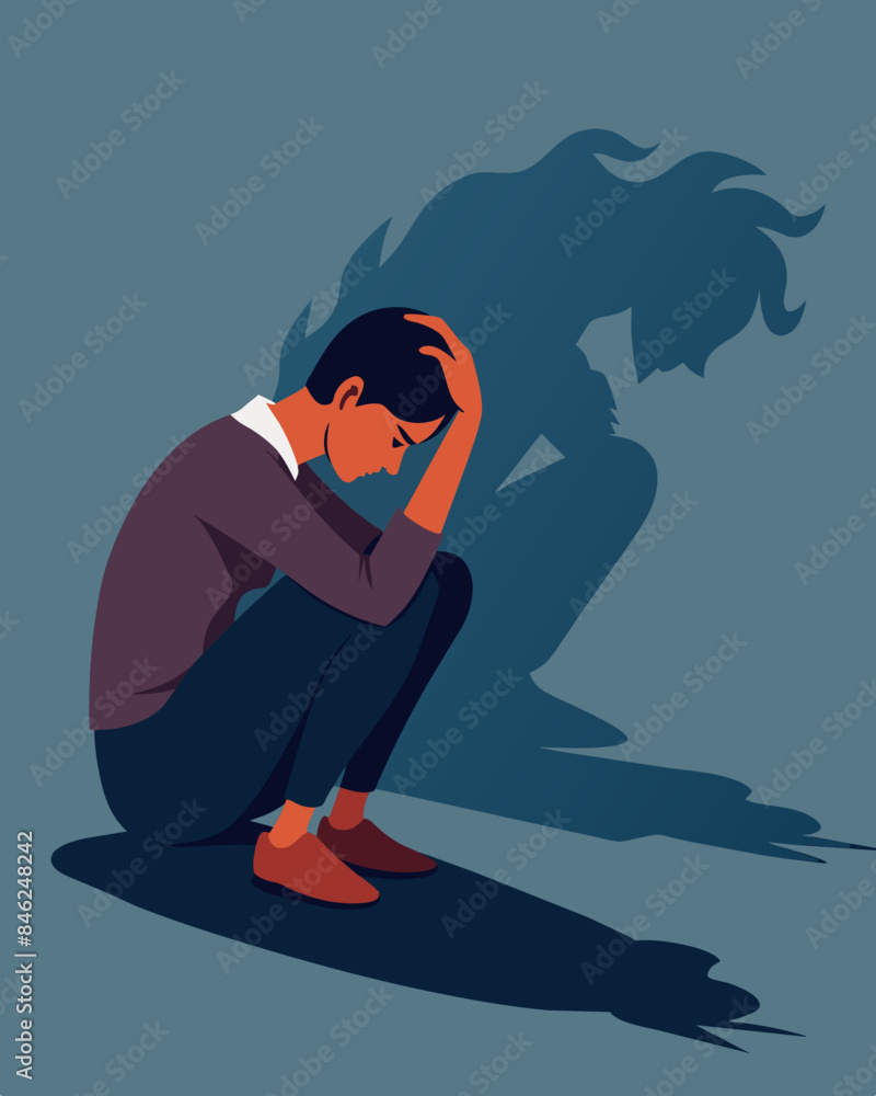 The person is hunched over holding their head in anguish as the shadows ...