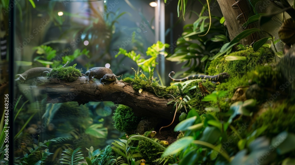 Exhibition of diverse terrarium animals displayed in glass enclosures ...