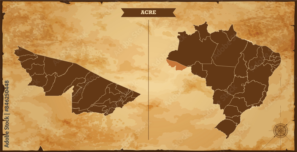 Acre state map, Brazil map with federal states in A vintage map based ...