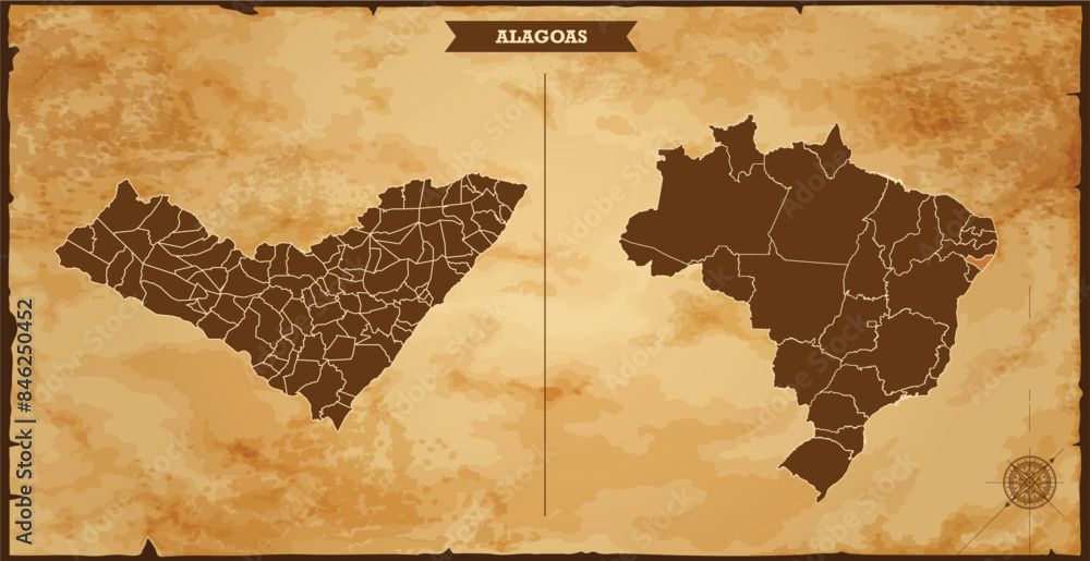 Alagoas state map, Brazil map with federal states in A vintage map ...