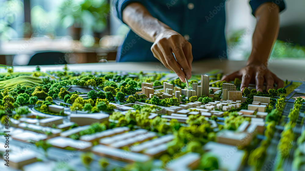 An urban planner interacts with a detailed city model, emphasizing ...