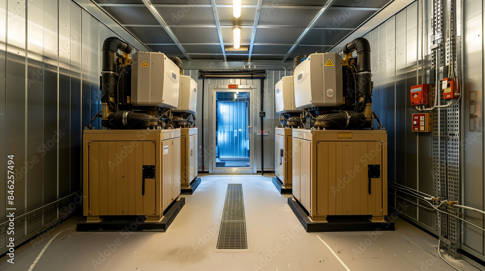 Generator room with two generators in factory standby for power backup ...