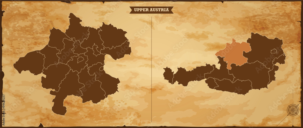 Upper Austria state map, Austria map with federal states in A vintage ...