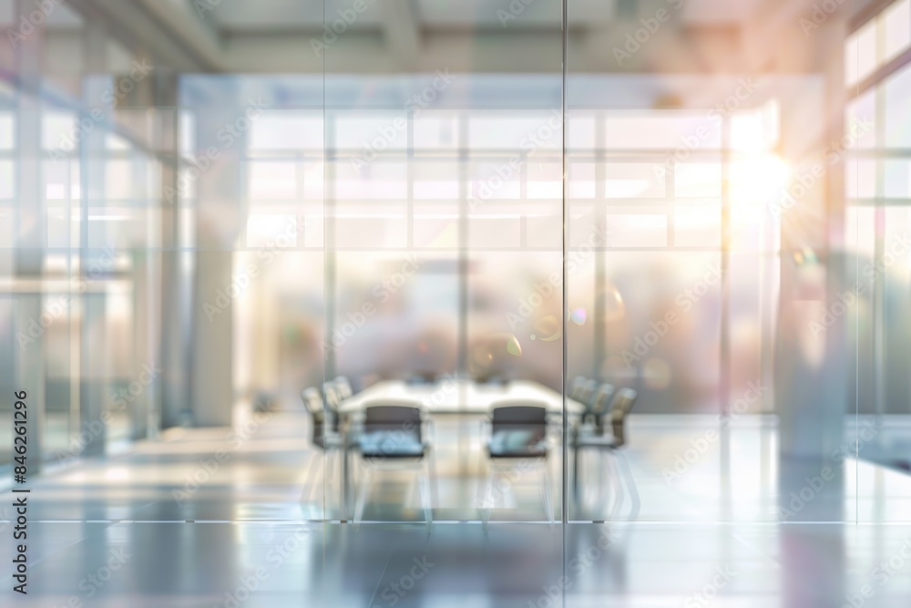 Blurred modern office interior with glass walls and panoramic windows ...
