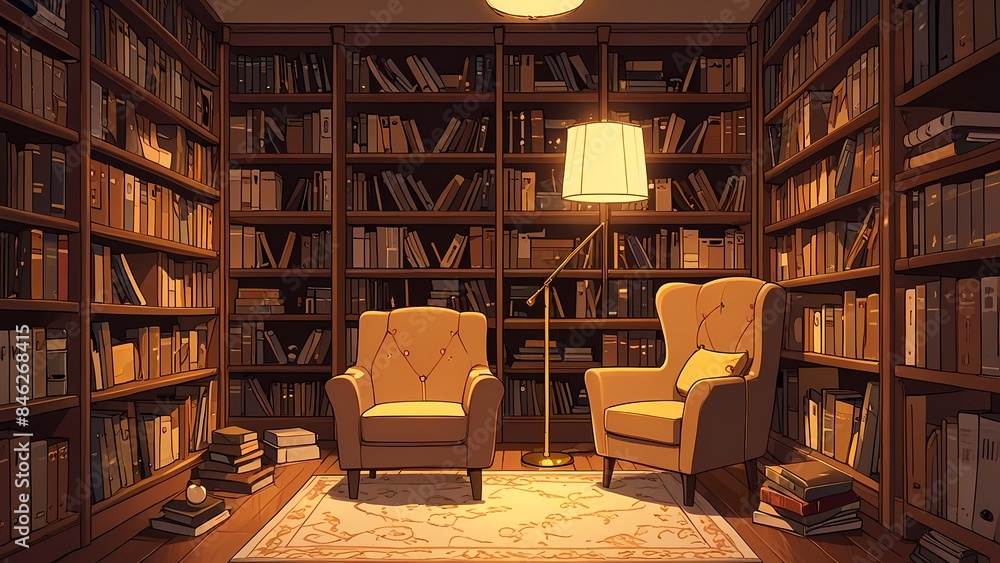 Indoor library with sofas, cozy lo-fi scene Anime style illustration ...