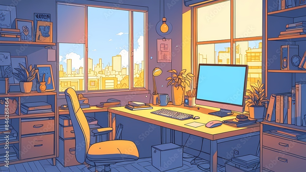 Computer desk setup, lofi Anime style illustration, flat art, anime ...