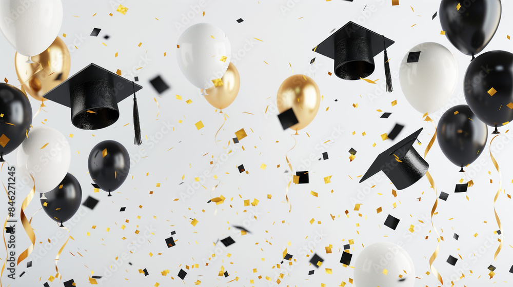 Falling Black and Gold Graduation Caps with Confetti and Balloons on ...