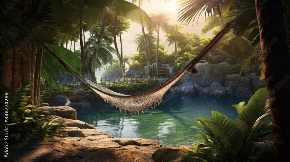 secluded tropical beach cove with lush green vegetation, a waterfall ...