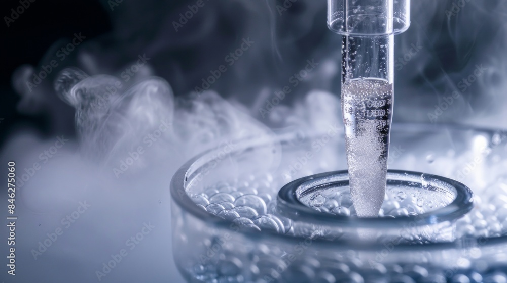 Vial with dry ice for cryopreservation. Cryosample of stem cells in ...