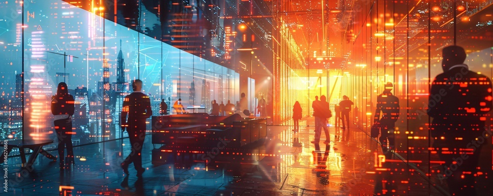 A high-tech cyberpunk office with neon lights and an open layout ...